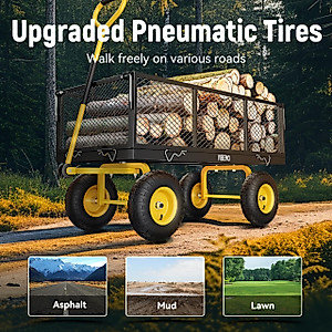 Vibemo Steel Garden Cart, 2-in-1 900 lbs Heavy Duty Utility Wagon, with Removable Mesh Sides to Convert into Flatbed, 240° U-Turn 10" Pneumatic Tires Garden Wagon for Farm Yard Lawn Garden Camping