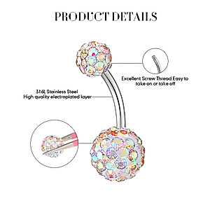 Junkin 20 PCS 14G 316L Stainless Steel Dangle Belly Button Rings Silver Rhinestone Belly Button Jewelry Navel Piercing Belly Jewelry for Women