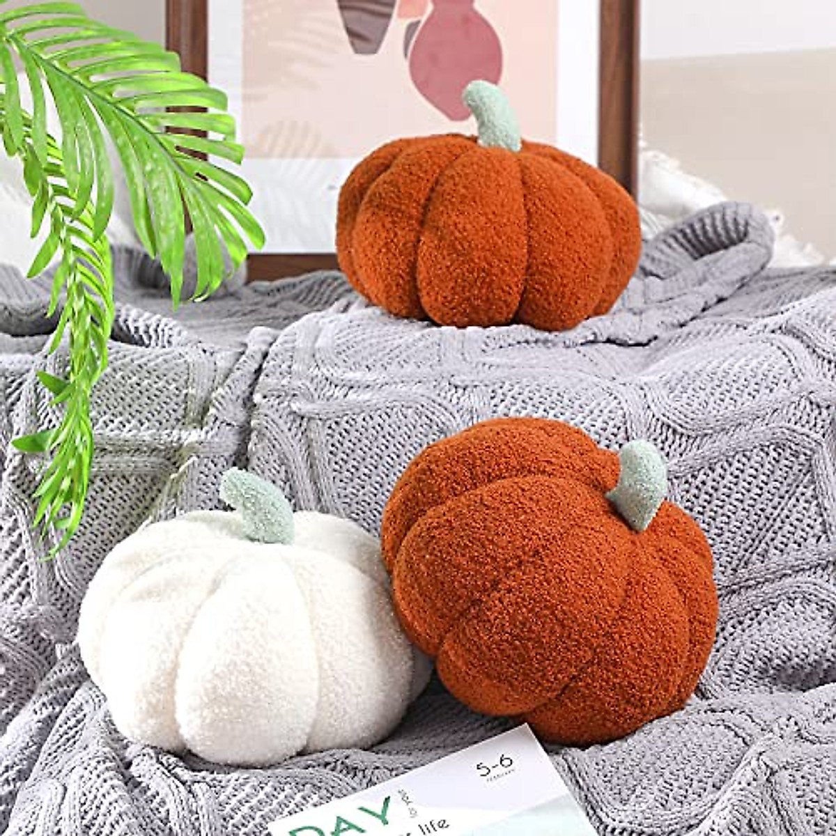 2 Pieces Simulated Pumpkin Plush Pillow 11 x 9.5 Inch 3D Thanksgiving Cushion Shaped Pillow Cozy Fall Decorations Toy Pillows for Thanksgiving Christmas Bedroom Sofa Couch Supplies (White, Brown)