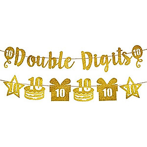 Excelloon Double Digits 10th Birthday Party Decorations - Double Digits Banner with Cake Gift Star Decorations - Gold Glitter Happy 10 Year Old Birthday Banner Decorations Supplies for Boys & Girls