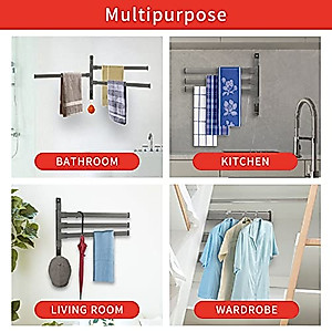 Swivel Hand Towel Rack, Rustproof Towel Bar with 3 Arms Swinging Out 180° Rotation, Space Saving Towel Rack Wall Mounted with Hook for Bathroom, Kitchen BUWILRQ (Gun Grey)