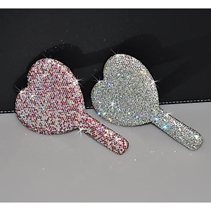 Wowagoga Sparkling Rhinestone Heart Shaped Handheld Mirror Heart Mirror Cosmetic Hand Mirror with Handle Cute Hand Mirror for Women Girls(White)