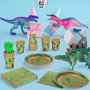 DYLIVeS Green Foil Dinosaur Birthday Party Decorations,Rawr Dinosaur Disposable Tableware Set Dinosaur Rex Party Supplies for Boys, 9'' Dinosaur Dinner Plates and Napkins Cups Forks Set, Serves 24