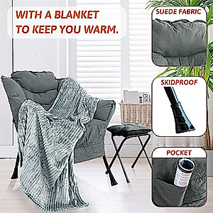 HIGOGOGO Modern Fabric Living Room Chair with Folding Footrest Stool, Sofa Chair with Portable Ottoman, Recliner Chair Steel Frame Leisure Bedroom Chair and Anti-Slip Footstool，Light Grey