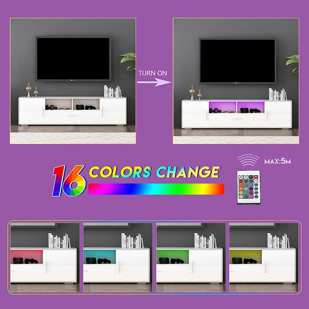 SOLBAKUILT High Gloss White TV Stand for 50/55/60/65/70/75+ Inch TV, LED Entertainment Center, Modern TV Console with Storage Drawers for Bedroom & Living Room