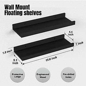 Boswillon Floating Shelves Wall Mounted Set of 2, Modern Black Wall Shelves for Storage with Lip, Display Picture Ledge Shelf for Wall Decor Bedroom Living Room Bathroom Kitchen
