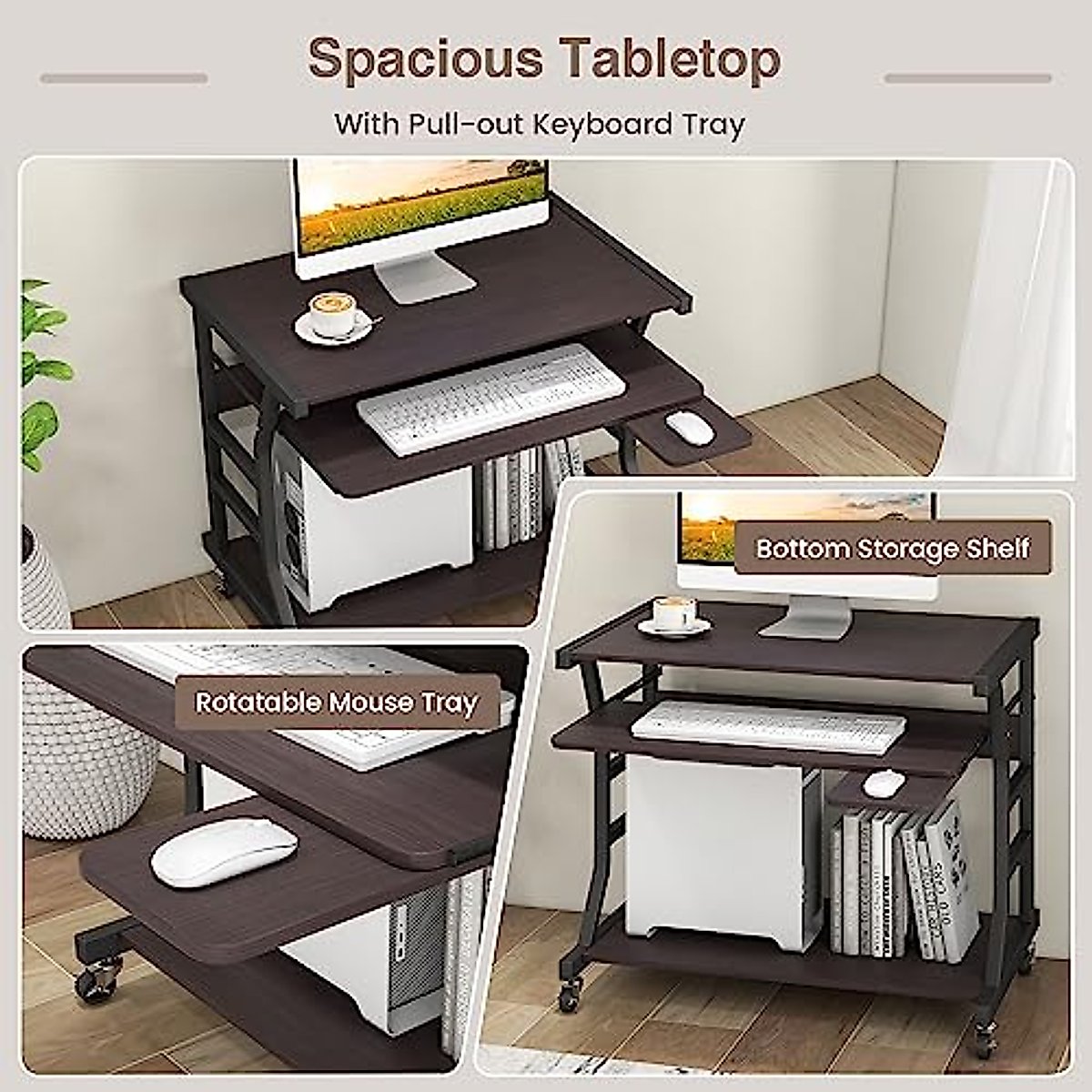 Tangkula Mobile Computer Desk with Keyboard Tray, Portable Small Rolling Desk with Mouse Tray & Bottom Storage Shelf, Rolling Laptop PC Desk Cart with Lockable Wheels for Small Space (Brown)
