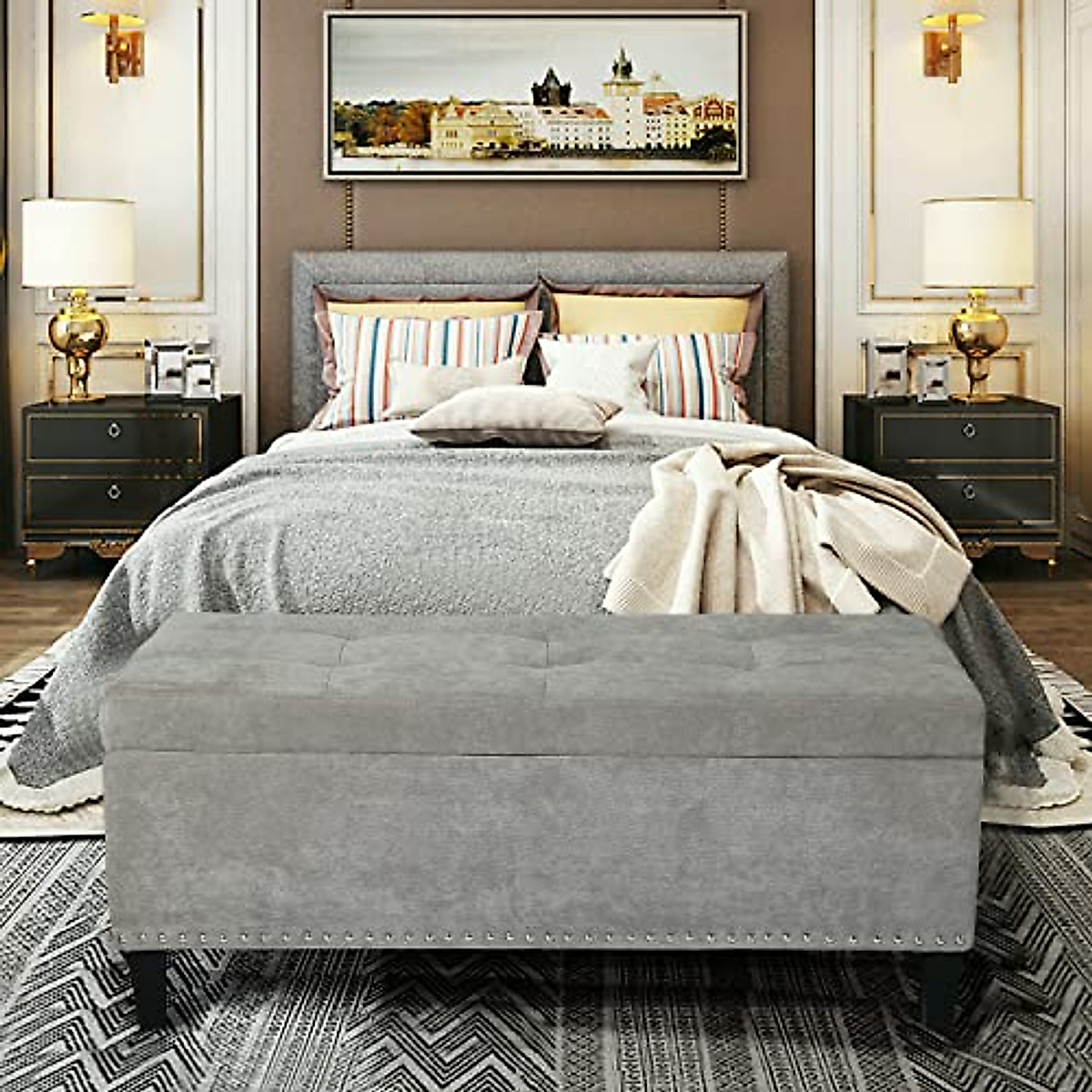 Homebeez Storage Ottoman Bench Tufted Foot Rest Stool with Nailhead Trim (Light Gray)
