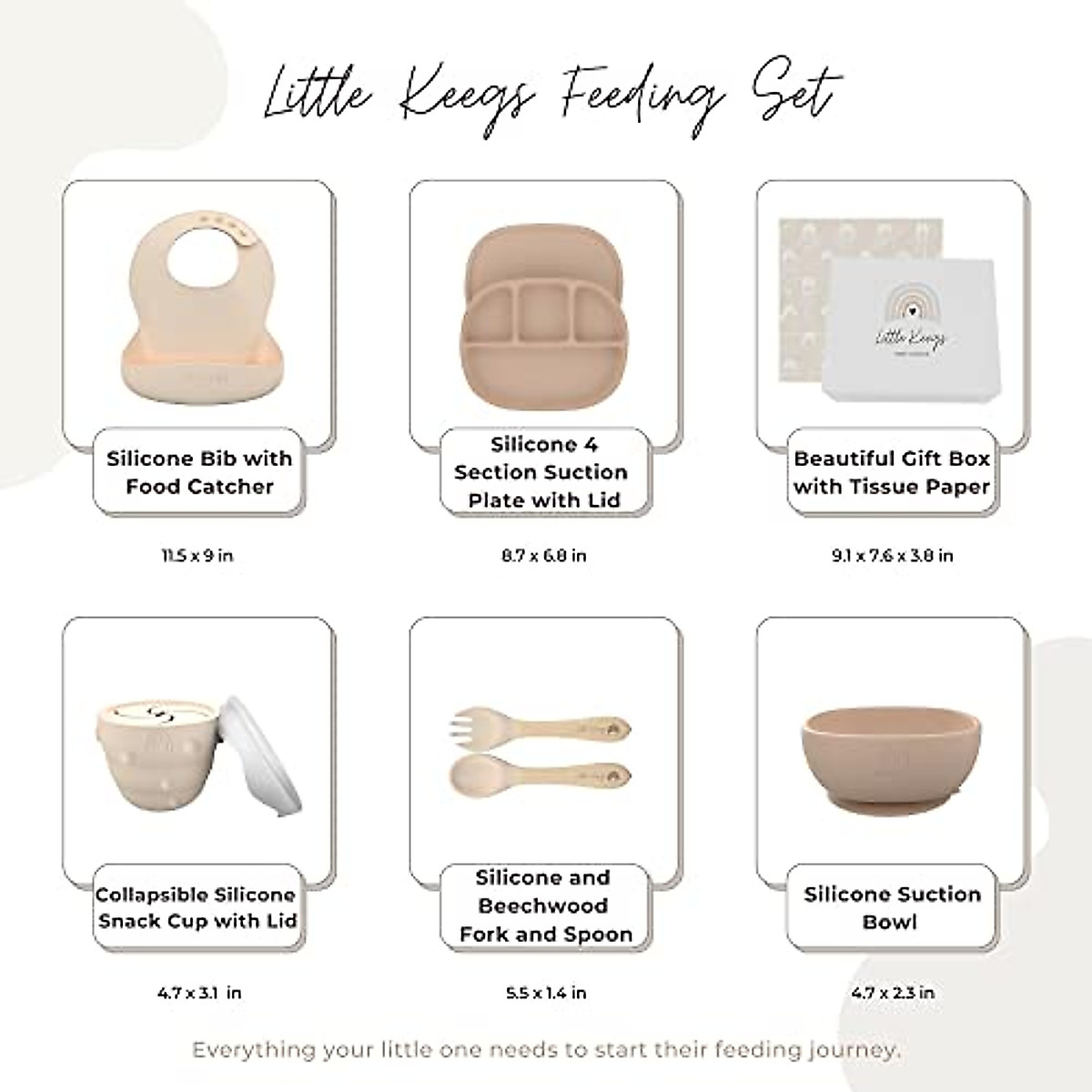 Little Keegs Baby Feeding Set - Baby Must Haves Gift Set - Baby Led Weaning Supplies - Toddler Silicone Feeding Set - Suction Baby Bowl, Bib, Snack Cup, Utensils, Baby Plate Set of 8 (Beige)