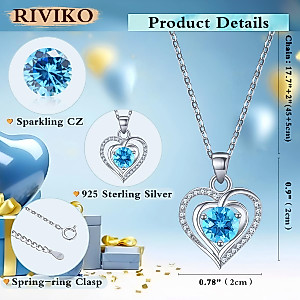 RIVIKO Heart Birthstone Pendant Necklace for Women 925 Sterling Silver Zirconia March Necklaces Christmas Valentine's Day Mothers Day Jewelry Gifts For Her Mother Wife