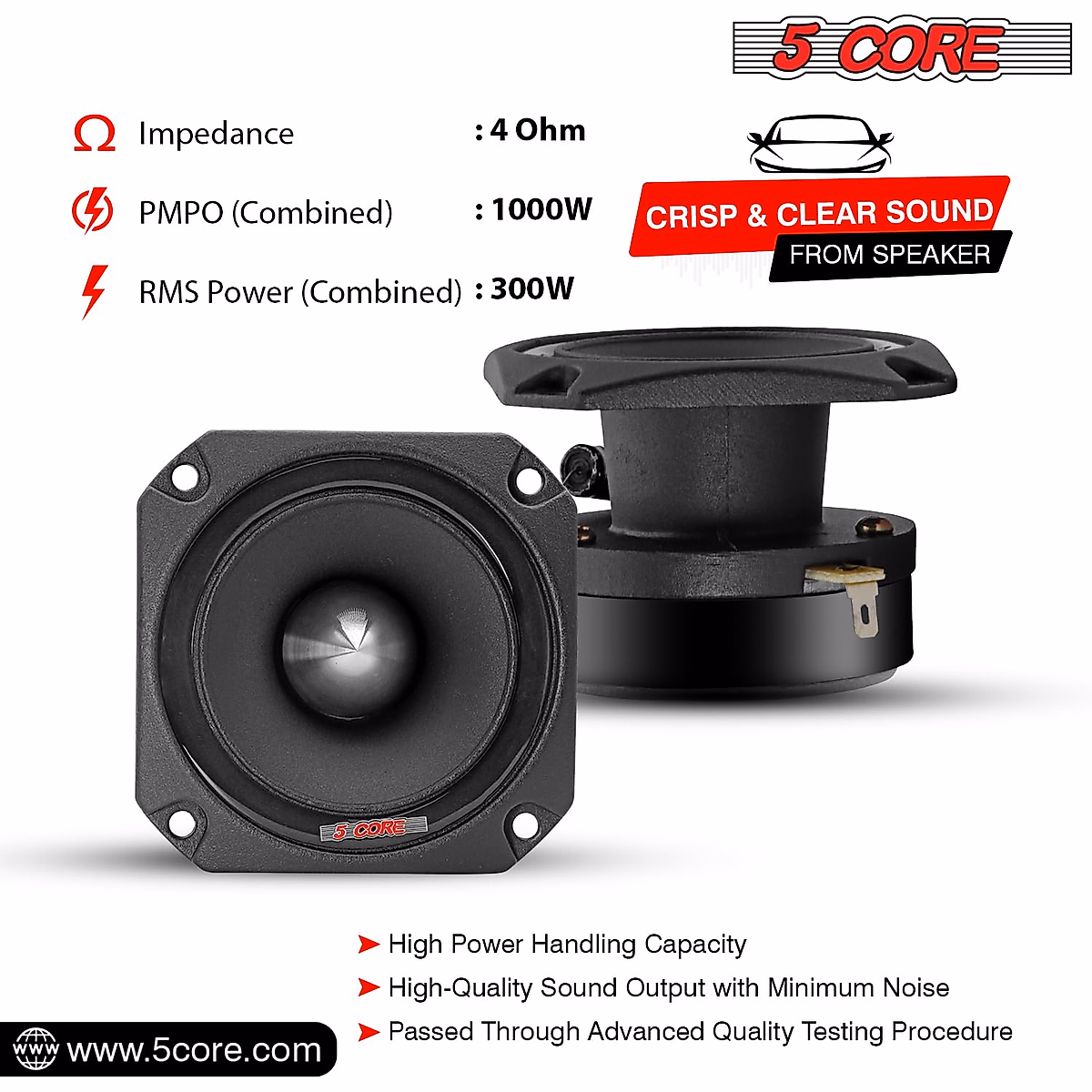 5 CORE Tweeters Speakers Car Audio Pair 600W Combined Peak 4 Ohm 3.5 Inch Aluminum Super Bullet Tuiters para Sonido para Carro - TW BLT 150 BLK Pair