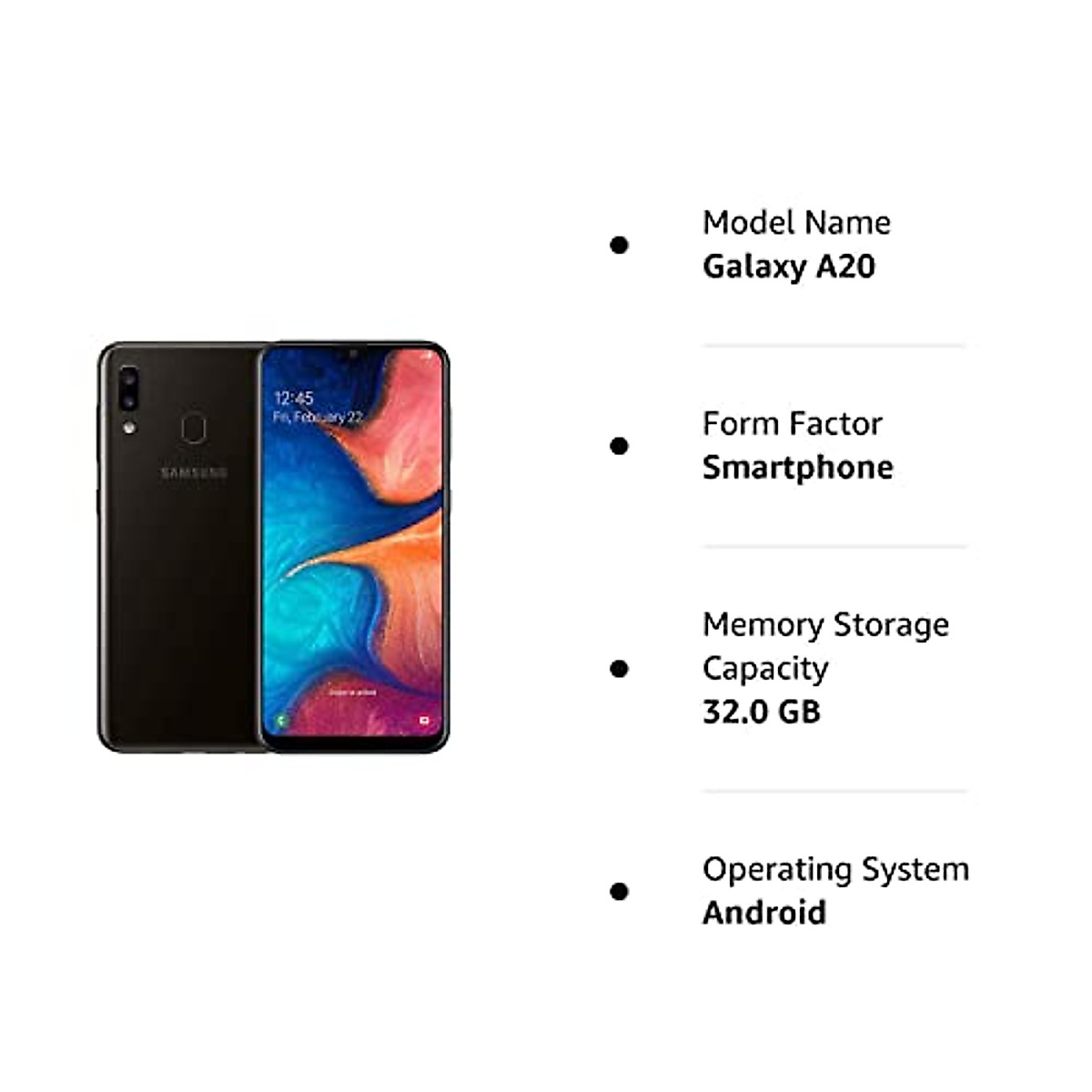 Samsung Galaxy A20 US Version Factory Unlocked 32GB Memory, 6.4" GSM & CDMA Compatible, Black (Renewed)