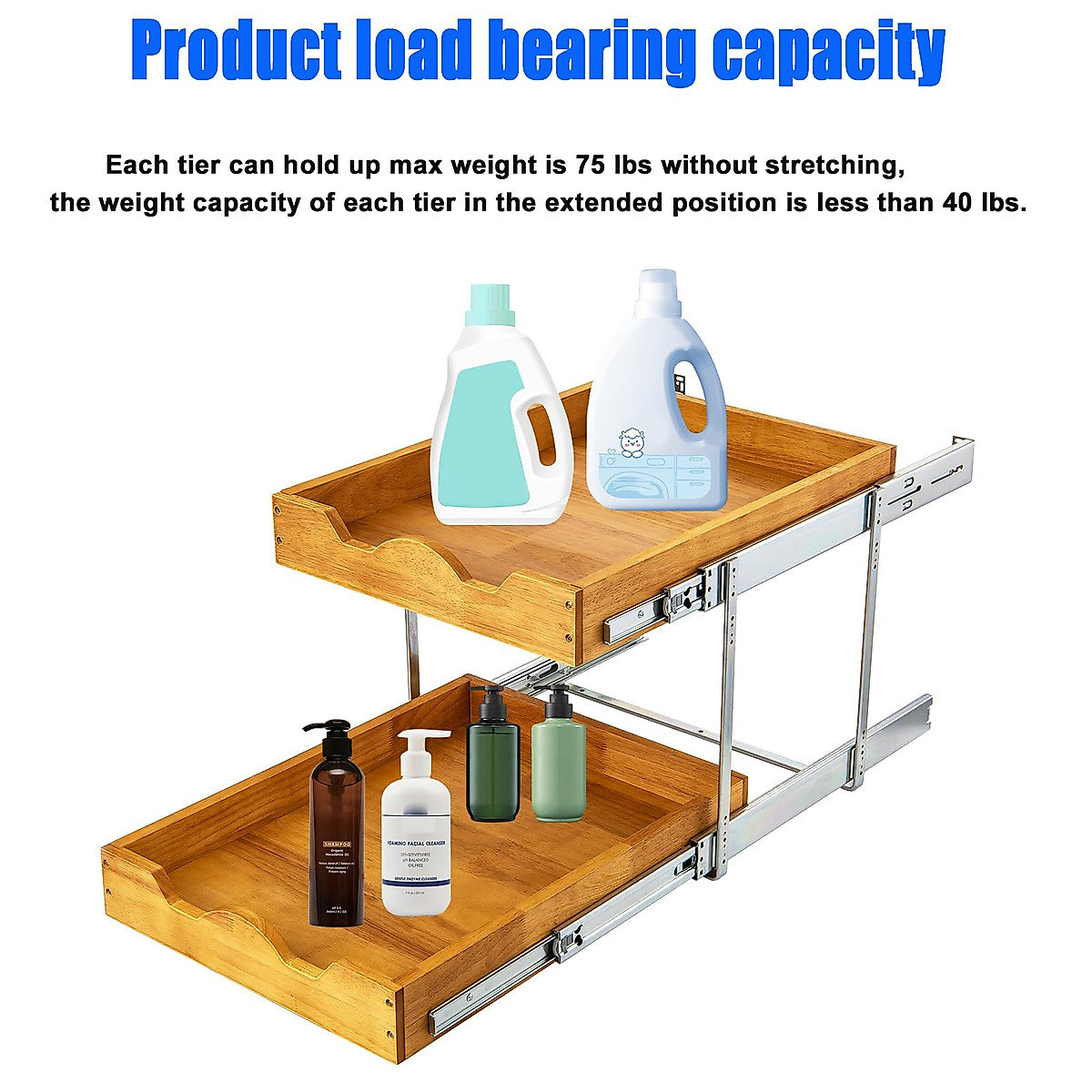 DINDON 2 Tier Pull Out Cabinet Organizer (14" W x 21" D) Double Tier Slide Out Wood Drawer Under Cabinet Storage And Organization