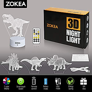 ZOKEA Dinosaur Toys, Dinosaur Gifts for Boys 7 Colors Changing 3D Dinosaur Night Light (4 Patterns) with Timer & Remote Control & Smart Touch, Gifts for Boys Girls Age 2 3 4 5 6 7 8 Year Old Boy Gifts