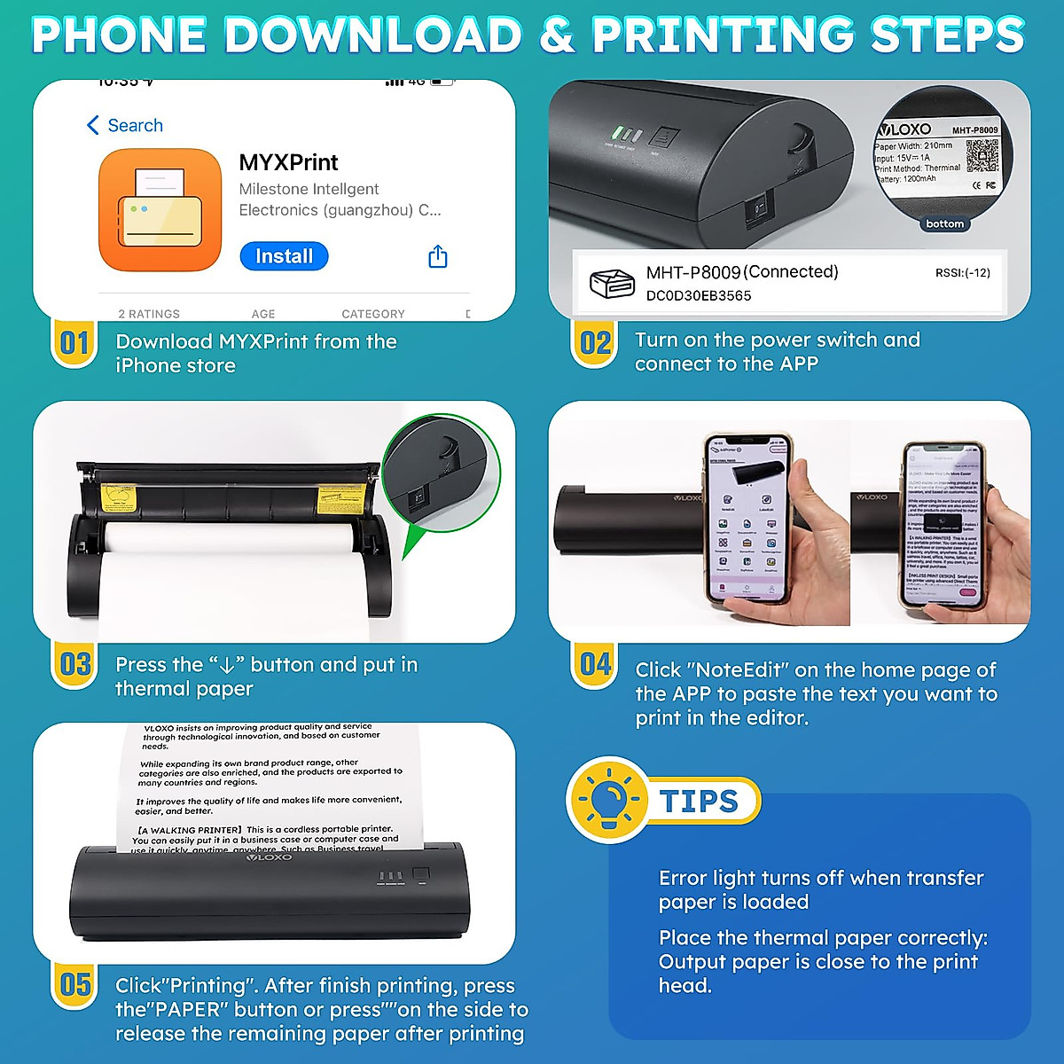 VLOXO Portable Printer, Cordless Thermal Printer Mini Inkless Printer Compatible with Phone & PC Tattoo Stencil Printer for Travel, Home, Office, with Thermal Paper and 10pcs Transfer Paper