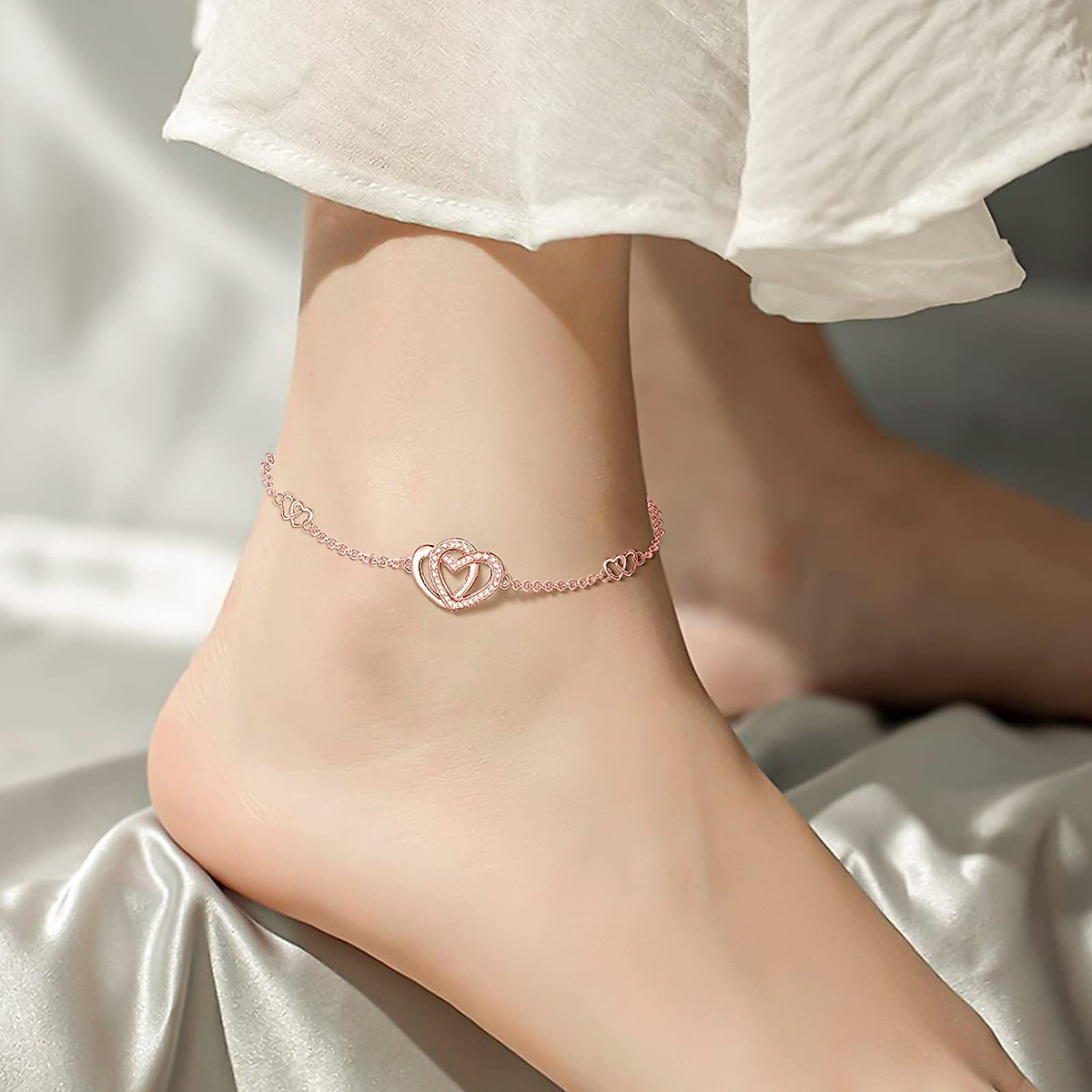 Desimtion Rose Gold Ankle Bracelets for Women,Heart Foot anklet Large Bracelet, Birthday Christmas Anniversary Jewelry Gifts for Mom Wife Girlfriend Her
