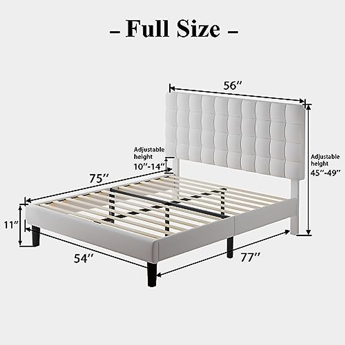 iPormis Full Size Platform Bed Frame, Faux Leather Upholstered Bed Frame with Square Tufted Headboard, Wood Slats Support, No Box Spring Needed, Easy Assembly, White