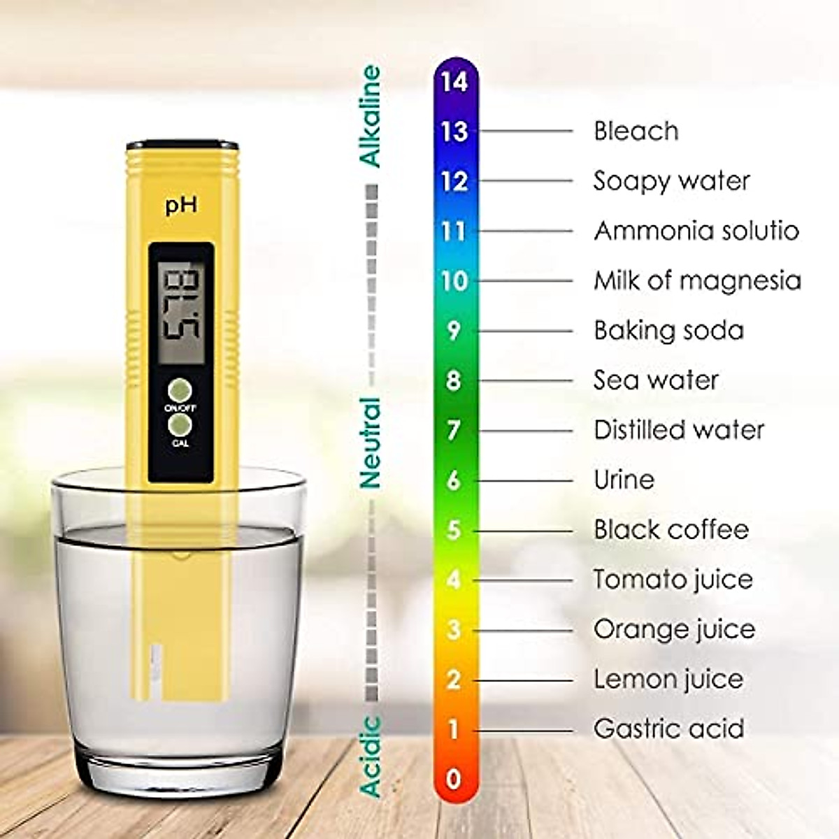 Precise Digital PH Meter, Tester with 0-14 PH Measurement Range for Household Drinking, Pool and Aquarium Water PH Tester Design with ATC Practical (Color : Yellow) Water Quality Detector