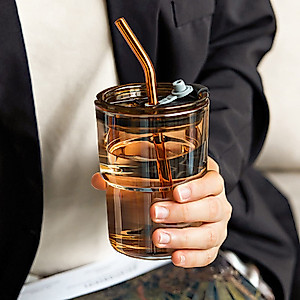 BLUEPOLAR 13oz/400ml Tumbler Water Glass, Cups with Straw and Lid Sealed Carry on for Coffee, Iced Tea, Thick Wall Insulated Glass Cup (Amber)…