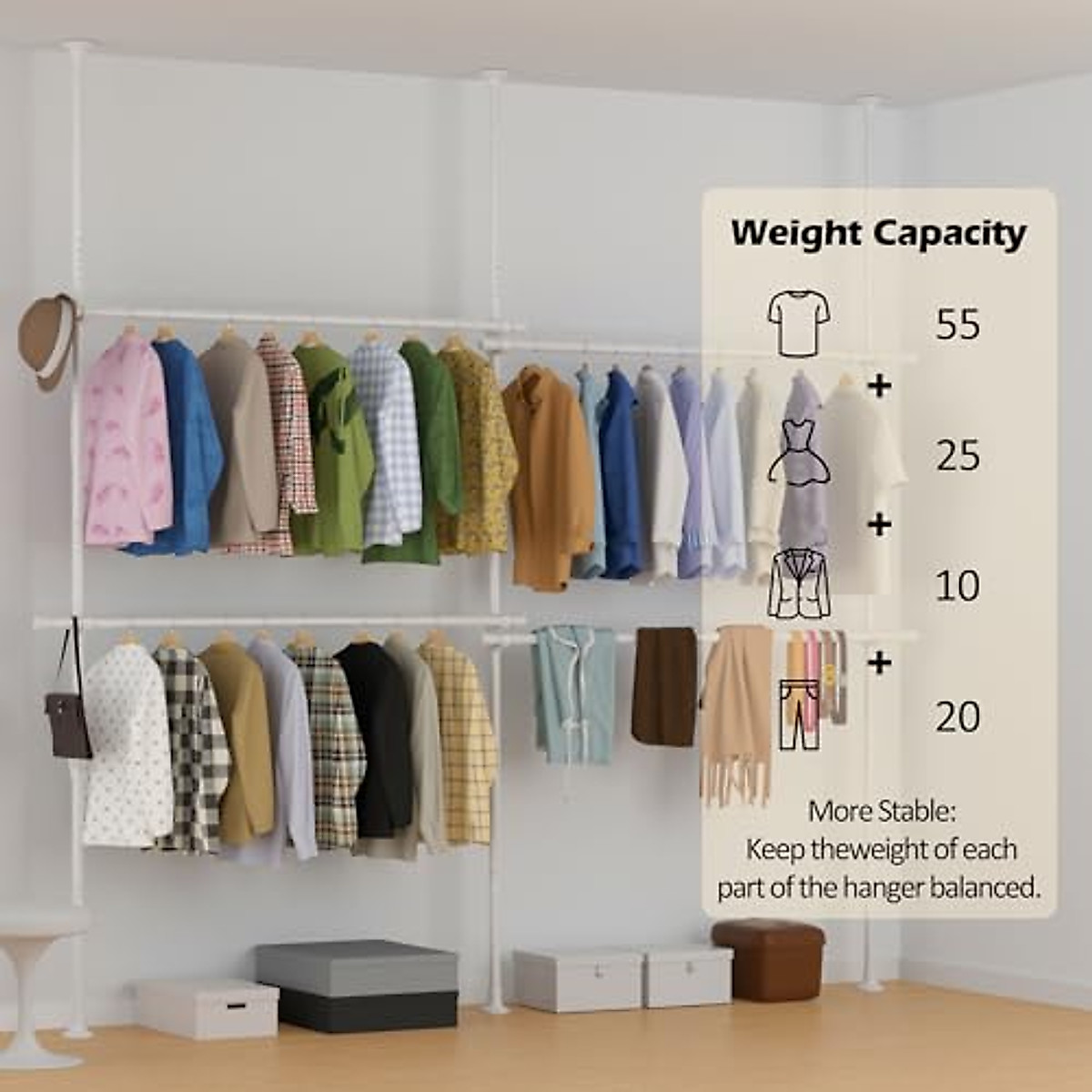 BsBsBest Ceiling Clothes Rack, 4 Tier Adjustable Closet Shelves Free Standing Closet Organizer And Storage Free Ceiling to Floor for Hanging Clothes White