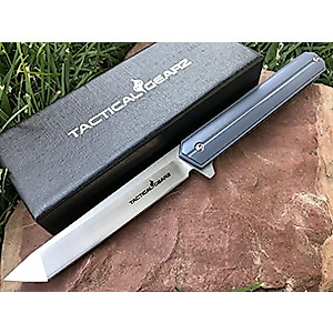 TACTICAL GEARZ Premium Titanium EDC Pocket Knife! Solid Tc4 Titanium Handle! D2 Steel Tanto Blade! Includes Sheath! (Seren Midnight Blue)