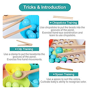 XISTEST Kids Wooden Toy, Children's Toys for 3 Years Old, Montessori Board, Fine Motor Early Education Color Recognition Chopsticks Clip Beads Hands Brain Training