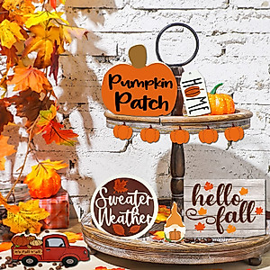 12 Pieces Fall Tiered Tray Decor Fall Wooden Signs Decor Set Include Pumpkin Gnome Truck Wood Sign Letter Sign Table Centerpieces for Thanksgiving Autumn Harvest Home Table Tiered Tray Decor