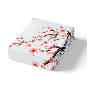 Feelyou Cherry Blossoms Bedding Set Chic Crane Duvet Cover for Kids Girls Women Ocean Wave Decor Comforter Cover Pink Japanese Ukiyoe Theme Bedspread Cover with 2 Pillowcases 3Pcs Bedding Queen