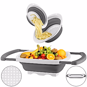 QiMH Collapsible Colander Set of 3-1pc 6 Quart Over the Sink Silicone Strainer - 1pc 4 Quart and 1pc 2 Quart Folding Strainers - Dishwasher Safe(grey&white)