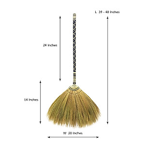 Natural Grass Thai Broom Indoor Outdoor, Vintage Retro Embroidered Woven Nylon,Handmade Broom,Housewarming Gift Witch Broom, Broomstick Bamboo Stick Handle,Kong Grass Broom,Durable Broom(Black)