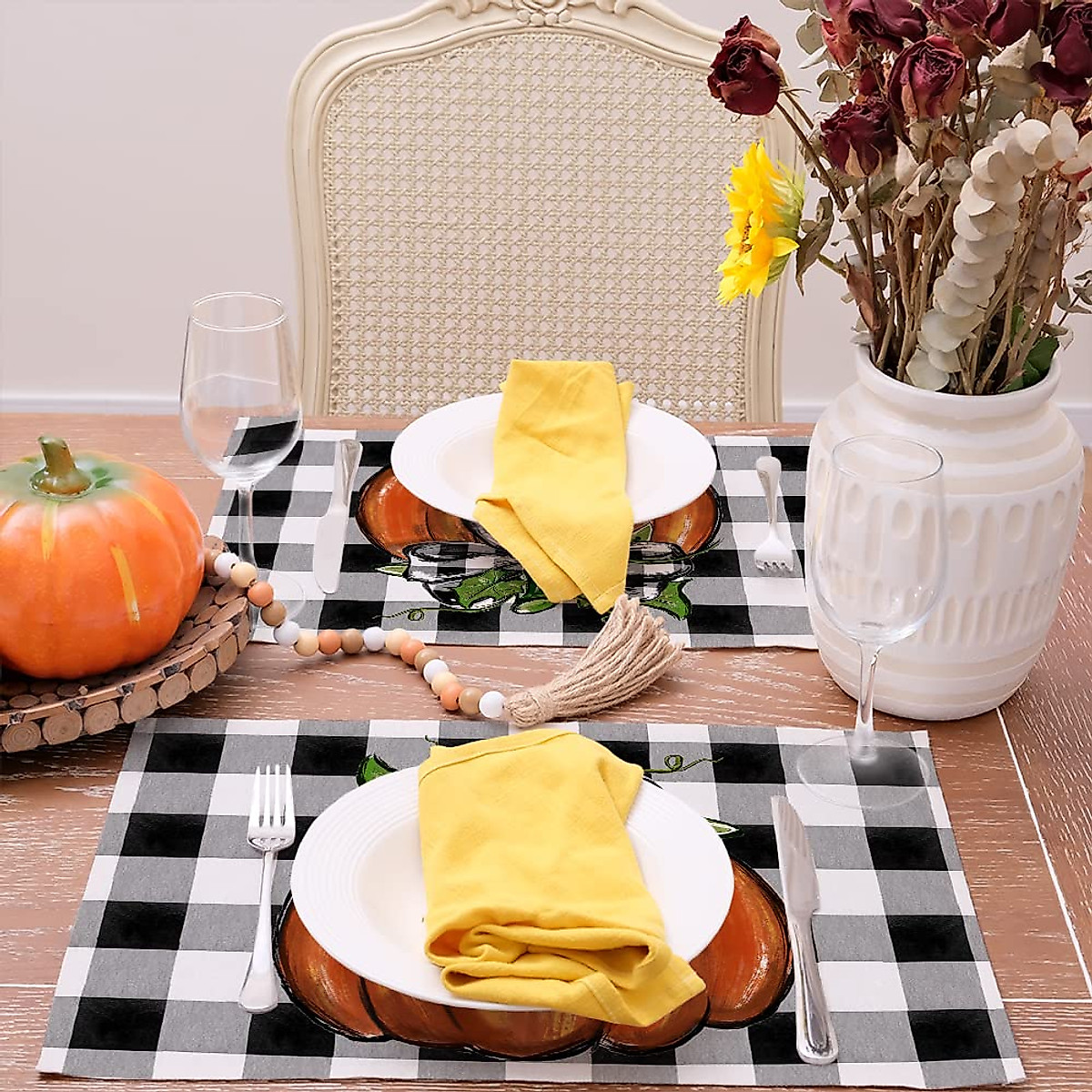 GEEORY Fall Placemats, 12x18 Inch Set of 4 Buffalo Plaid Check Pumpkins Table Decoration for Kitchen Dining, Indoor & Outdoor Dinner Party (Orange Pumpkin) GP085-18