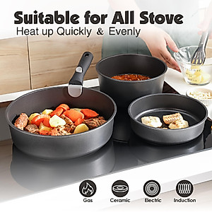 SENSARTE 17 Piece Pots and Pans Set, Nonstick Detachable Handle Cookware, Induction Kitchen Cookware Set with Removable Handle, Healthy Non Stick RV Cookware, Dishwasher ＆ Oven Safe, PFOA Free (Black)