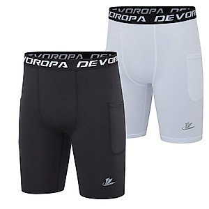 DEVOROPA Youth Boys' Compression Shorts Performance Athletic Base Layers Workout Training Underwear Side Pocket Black/White L (Pack of 2)