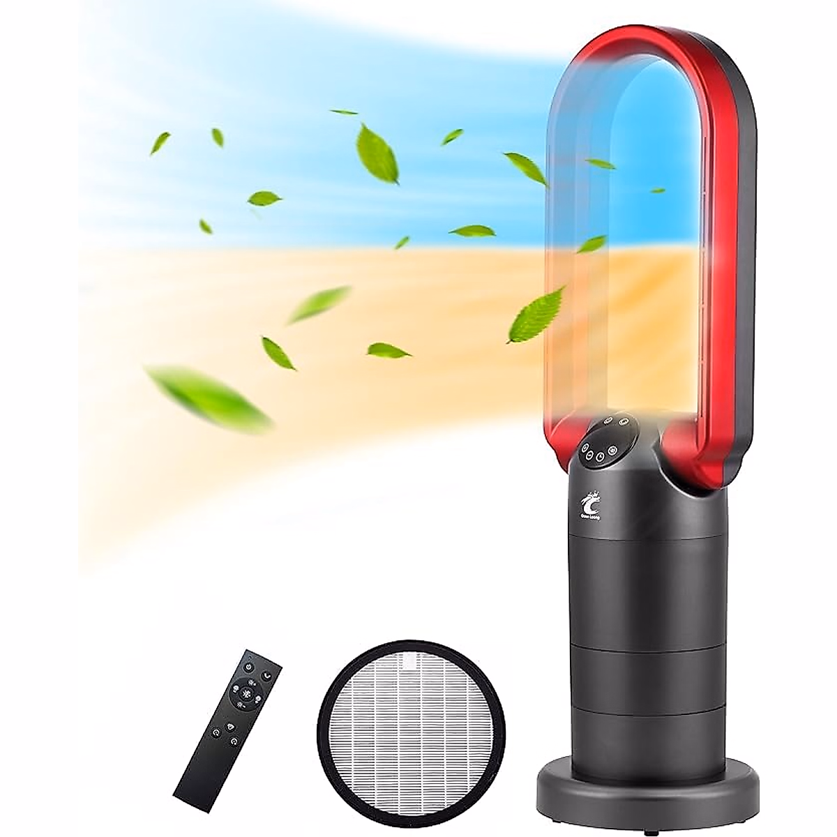 OceanLoong Space Heater & Bladeless Tower Fan All Season for Home, 1500W Eco Electric Heater with Adjustable Thermostat, Tip-Over Switch, Remote Control, Timer, Oscillating, Tilt Head, 29” Red, AB01