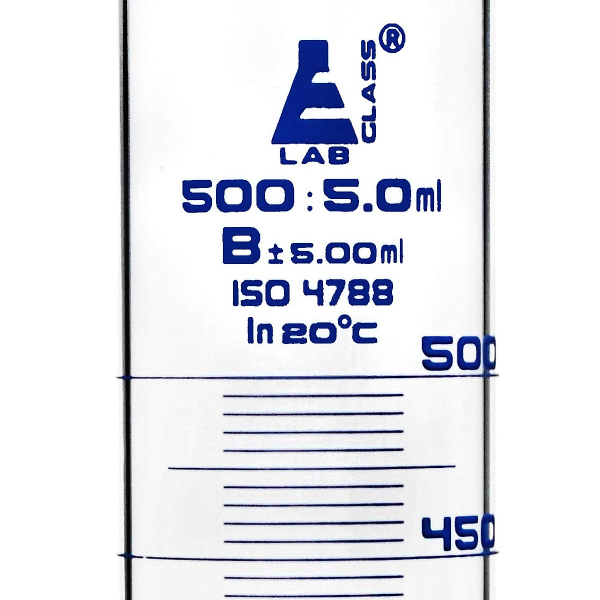 EISCO Graduated Cylinder, 500ml - Class B Tolerance ±5.00ml - Round Base - Blue Graduations - Borosilicate 3.3 Glass