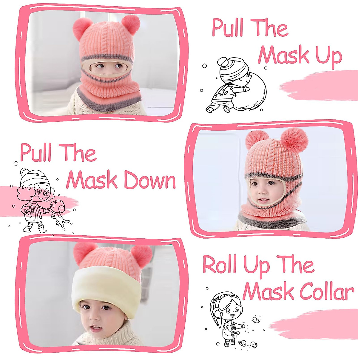 Baby Winter Hat Scarf Set with 2 Pack Mittens, Baby Winter Hat Set, Toddler Winter Hat with Neck Warmer, Fleece Lined Girls Boys Infant Winter Hat Set, Kids Winter Hat Scarf Earflap Hood Skull Caps