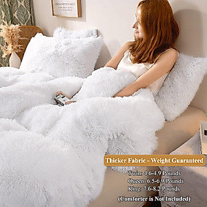 XeGe Plush Shaggy Duvet Cover Set, Luxury Ultra Soft Velvet Fluffy Bedding Sets 3 Pieces(1 Furry Faux Fur Comforter Cover King Size + 2 Fuzzy Faux Fur Pillowcases), Zipper Closure(King, White)