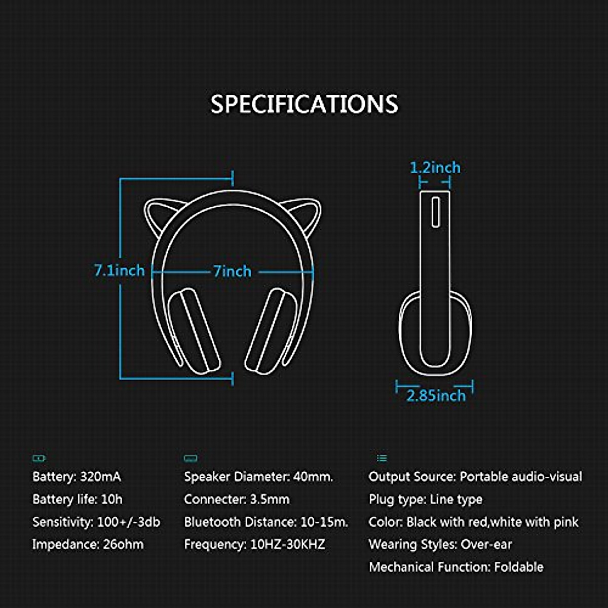 Censi Music Headset Headphone Creative Cat Ear Stereo Over-Ear Game Gaming Bass Headset Noise Canceling Headband Earphone for ipad, PC, iPhone and Android Smartphones (White, Wired)