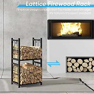 Firewood Rack Indoor, Portable 2 Tier Firewood Rack, Sturdy and Easy to Assemble Construction, Outdoor Firewood Rack with 4 Hooks for Storing Wood Logs for Fireplaces, Fire Pits and Stoves - Black