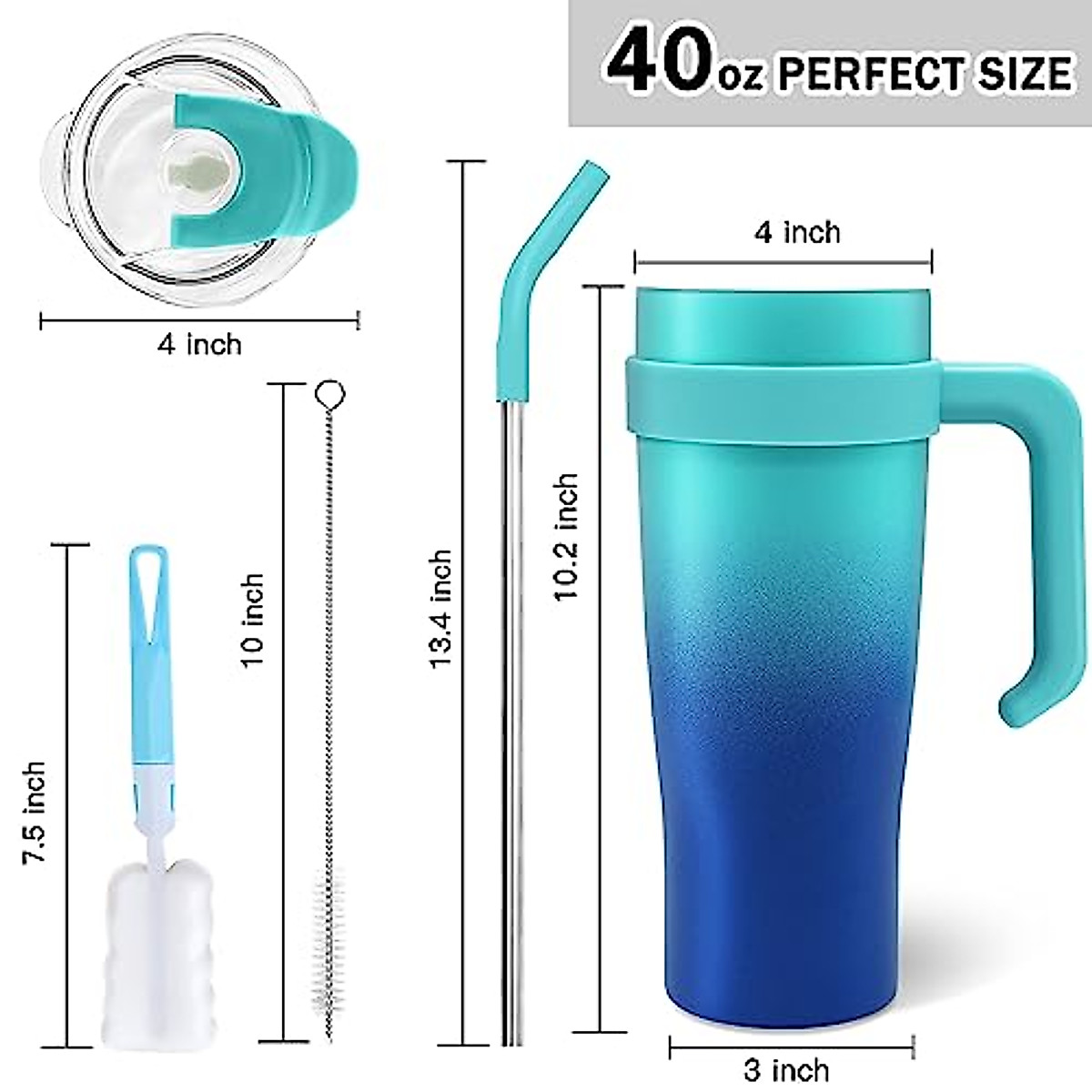 YUTGSMPO 40oz Tumbler with Handle and Straw Lid, Double Walled Stainless Steel Vacuum Insulated Tumblers Water Bottle, Travel Mug Iced Coffee Cup, Cupholder Friendly, Airtight Leak-Proof (Ocean Blue)