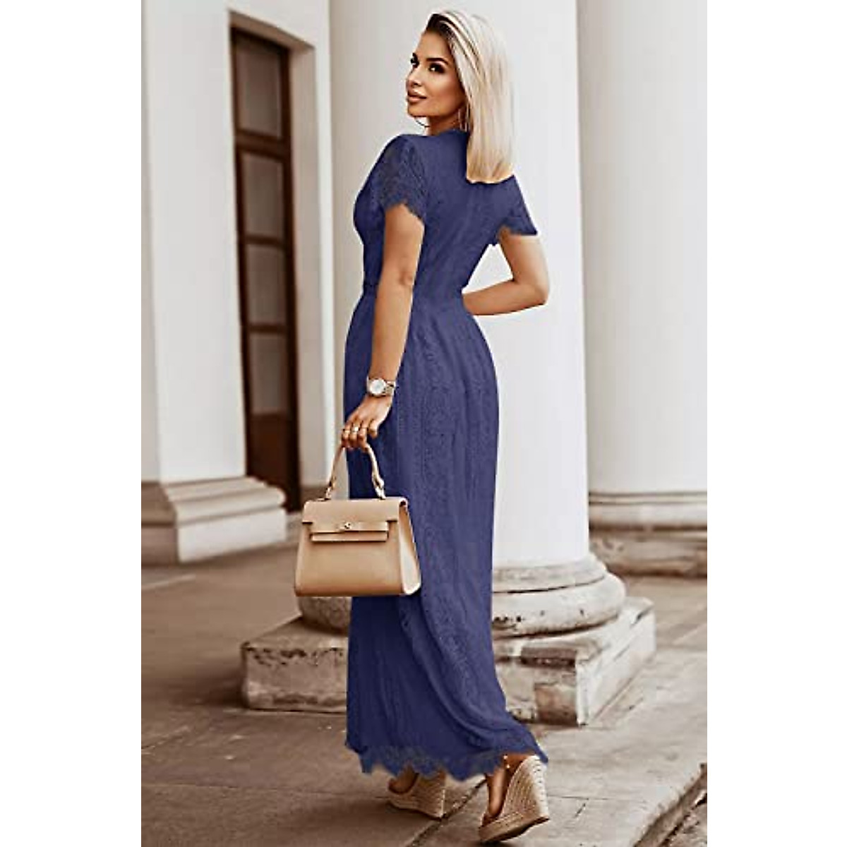 MEROKEETY Women's V Neck Short Sleeve Floral Lace Wedding Dress Bridesmaid Cocktail Party Maxi Dress Navy