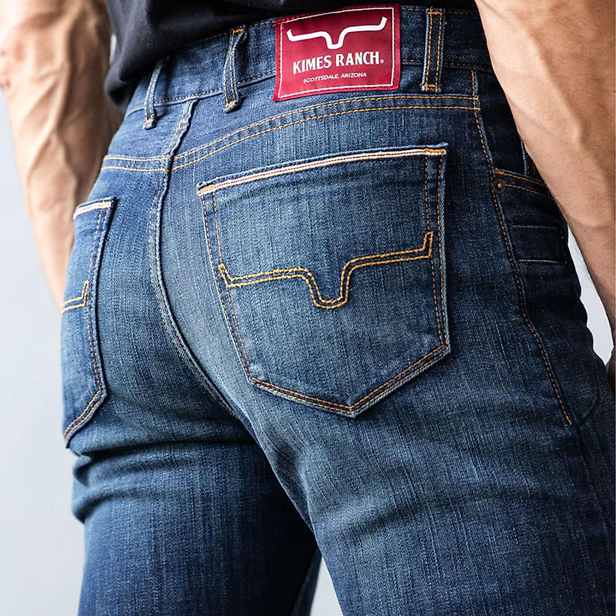 Kimes Ranch Men's Roger Casual Western Cowboy Classic Mid Low Rise Slim Fit & Boot Cut Blue Denim Jeans, 30W x 32L