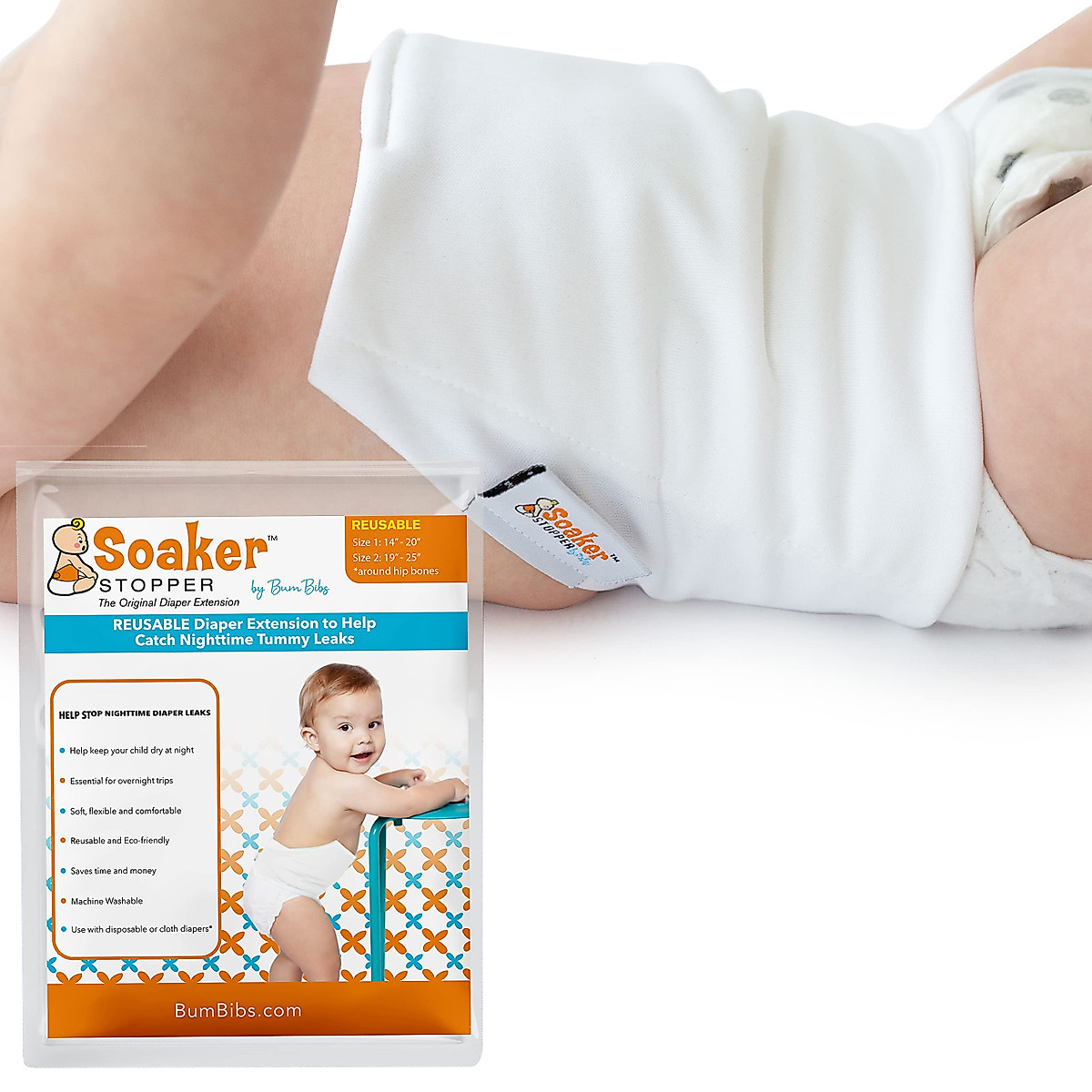 Soaker Stopper Diaper Extender - Washable & Reusable Diaper Extension for Disposable Diapers and Cloth Diapers | Leakproof Diaper Cover Prevent Nighttime Leaks (White, Size 1 (14-20 Inch Waist))