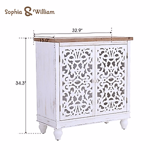 Sophia & William Accent Cabinet with 2 Doors, Distressed Storage Cabinet with Wood Frame and Hollow-Carved Door for Entryway Living Room, White