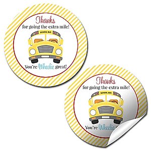 Go The Extra Mile Transportation Themed School Bus Driver Appreciation Thank You Sticker Labels, 40 2" Party Circle Stickers by AmandaCreation, Great for Envelope Seals & Gift Bags