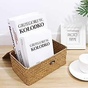 Vosarea Rattan Storage Basket,Straw Seaweed Basket, Hand-Woven Storage Basket Multipurpose Container with Lid for Desktop Home Decoration (10inch)