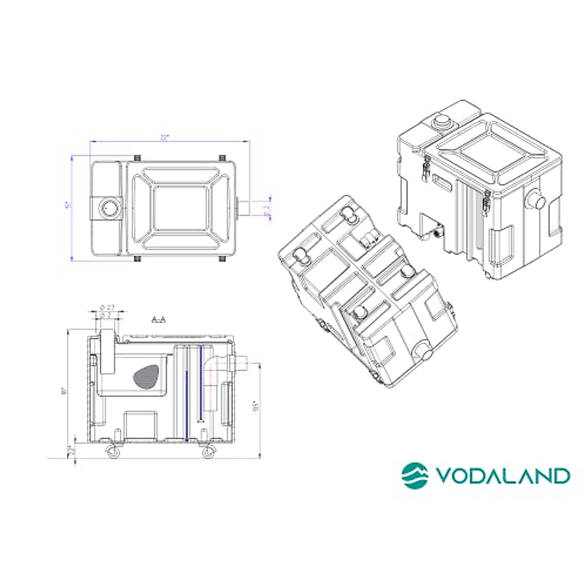 Vodaland - Industrial Grease Trap Intercepter - HDPE with roll Away Wheels, Sediment Trap, and Quick Release Valve.