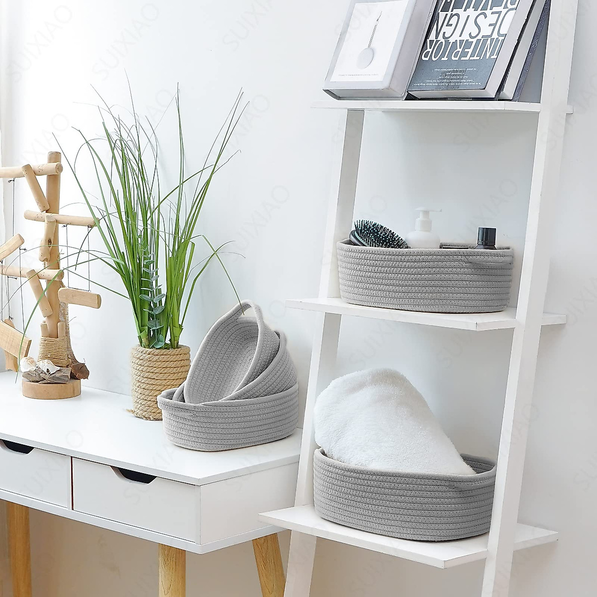 sunla 5-Piece Storage Basket Set, Natural Rope Woven Baskets for Organizing & Storage, Nursery Storage Baskets, Cute Small Rope Basket Set for Clothes, Foods, Toys (Grey)