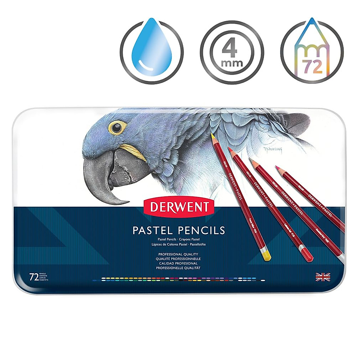 Derwent Pastel Pencils, 4mm Core, Metal Tin, 72 Count (32996)