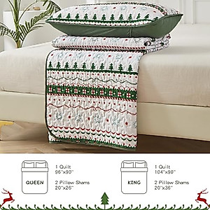 Christmas Quilt Set Queen, 3 Pieces Christmas Bedding Coverlet Queen Size, Green Bedspread with Xmas Tree Pattern New Year Bedroom Decoration for Family Friends
